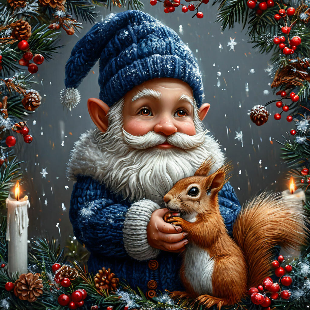 "A cute little dwarf dwarf in a dark blue knitted hat, with a long ...