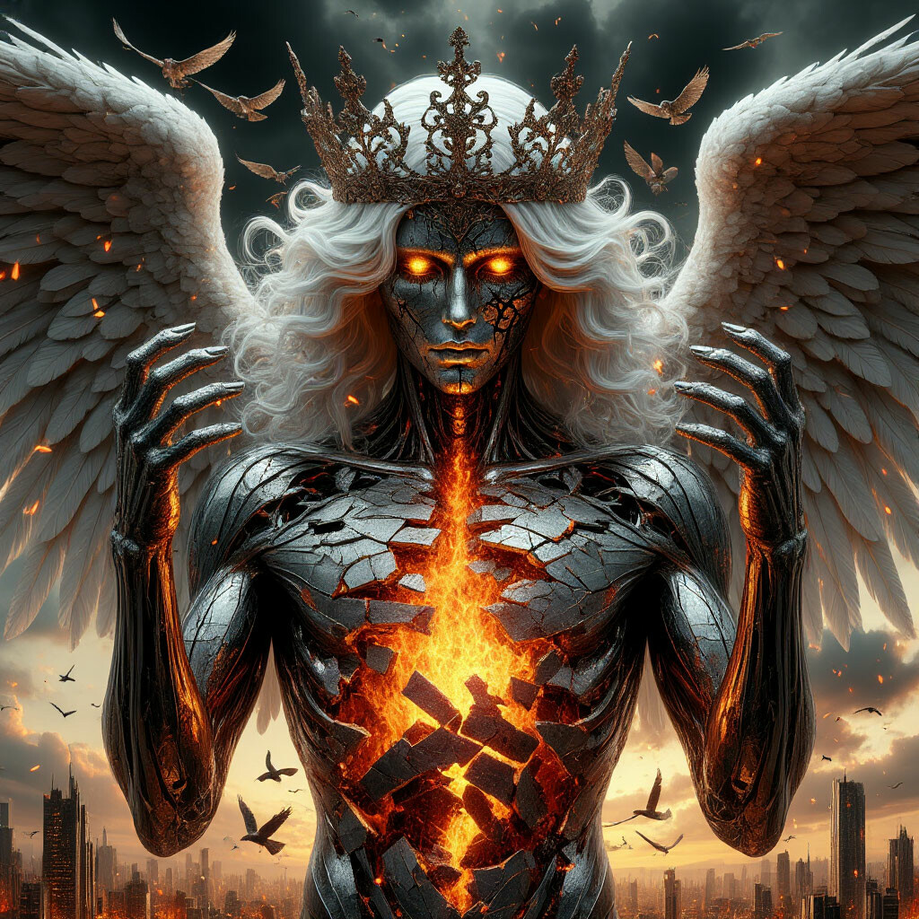 "A giant angel transparent body frame with a gloomy fire inside the ...