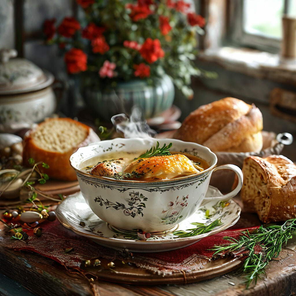"Steaming chicken broth in a cup, hot bread, fragrant herbs, Provence ...