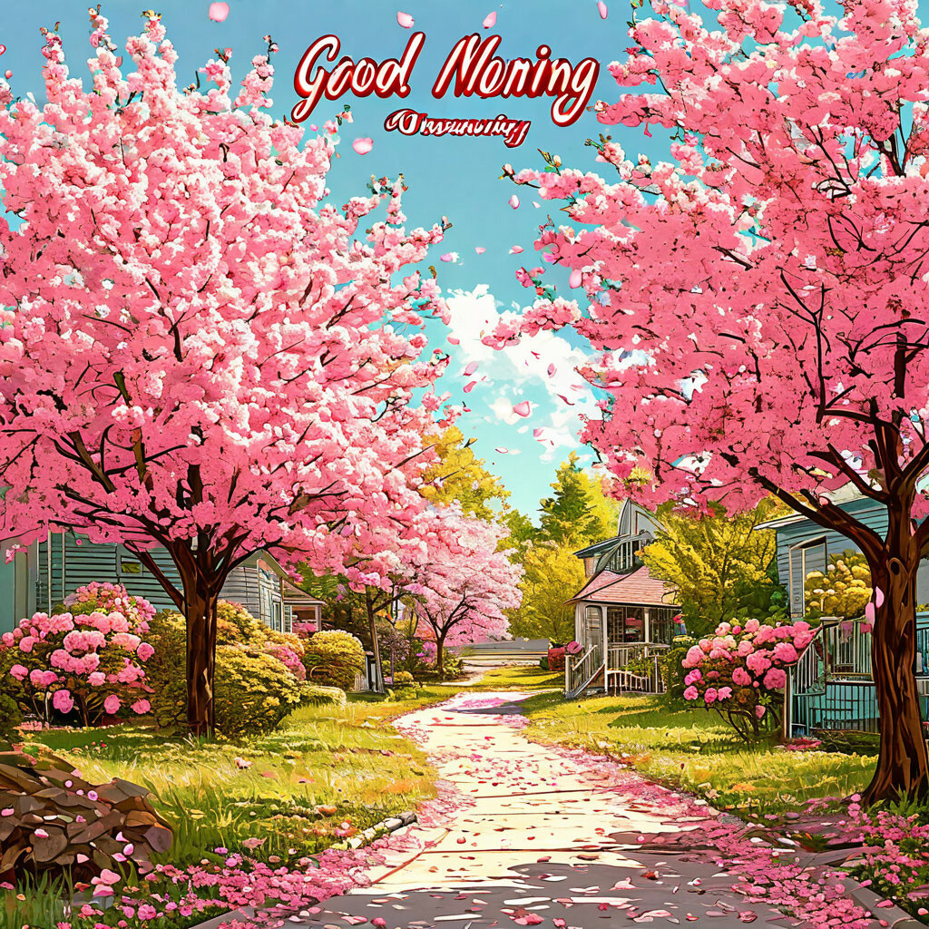 "Good morning! cherry blossom alley, sunny day, the inscription "Good ...