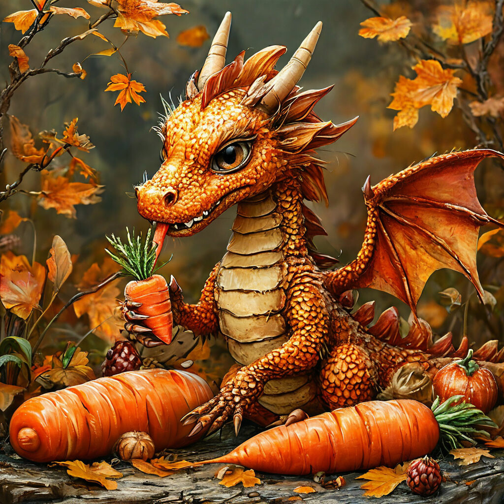 "Autumn dragon collects carrots" — image created in Shedevrum