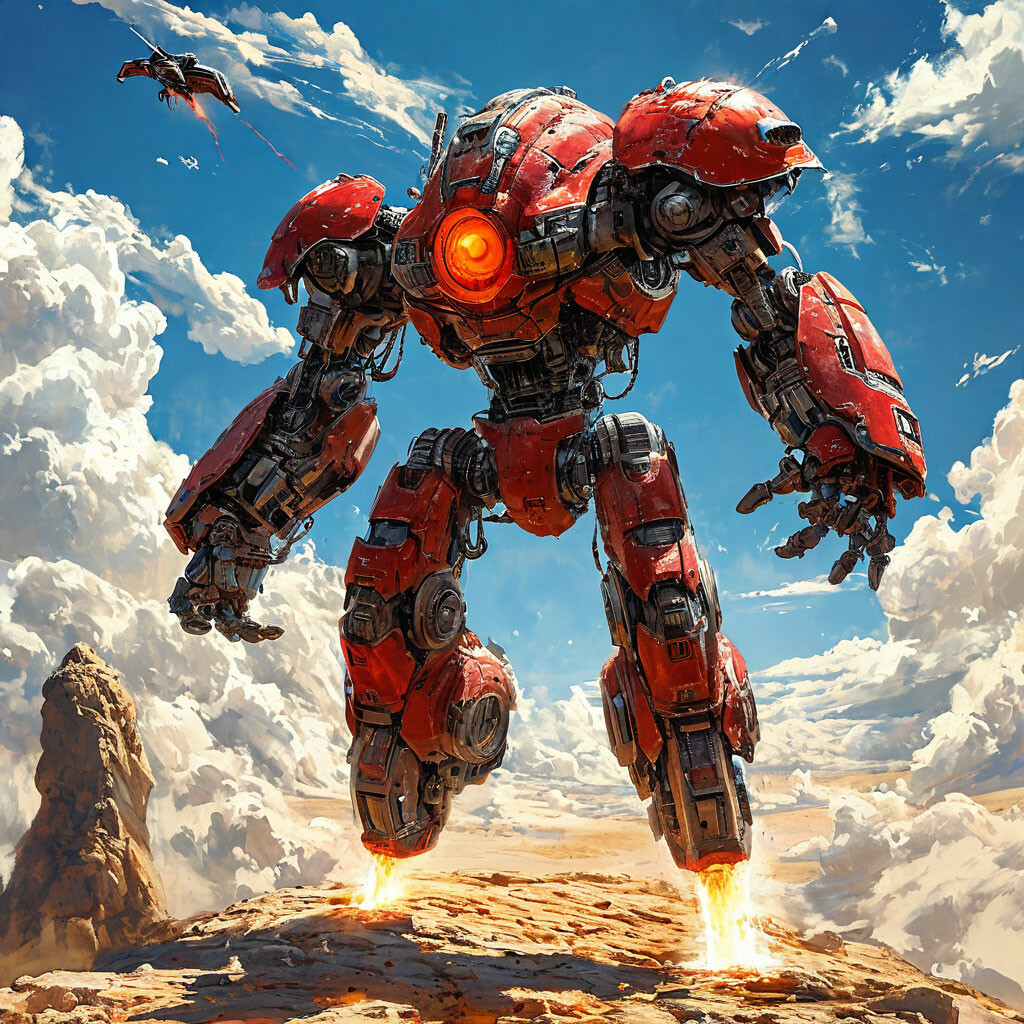 "A mecha demon flying out of a huge …" — image created in Shedevrum