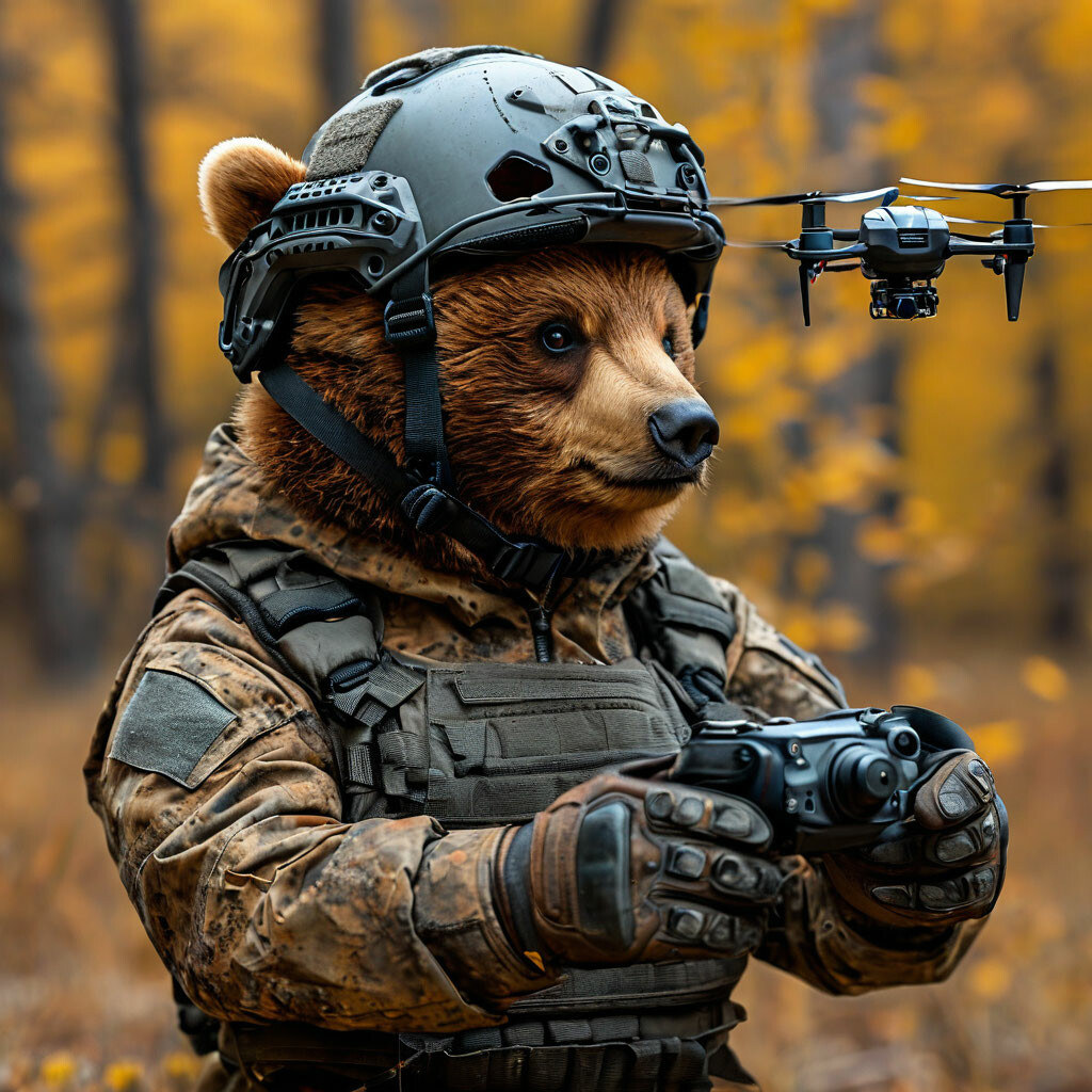 "A bear cub in a Kevlar helmet and body armor launches a quadcopter ...
