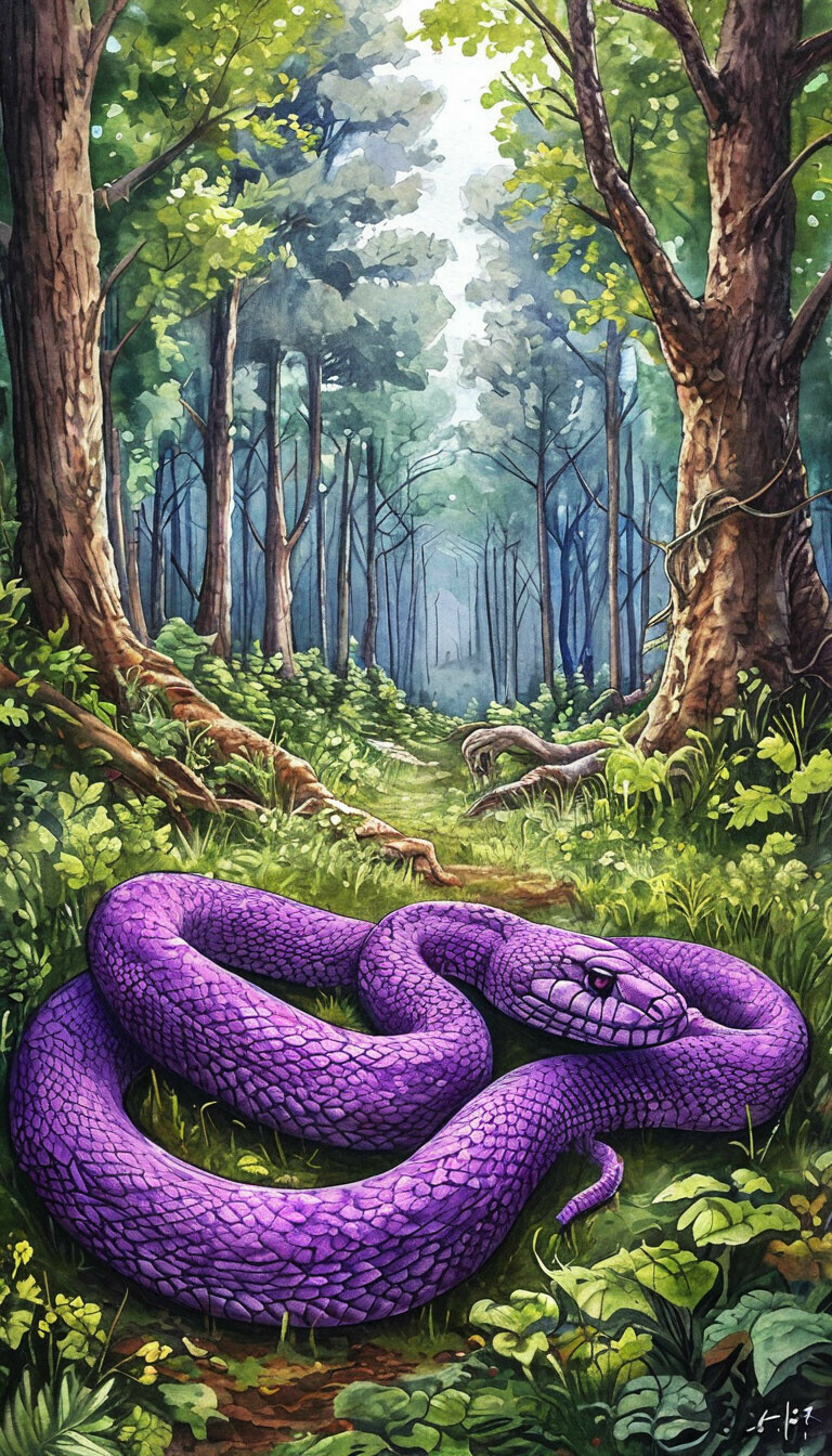 «A purple snake in the grass among the trees. watercolour..» — video ...