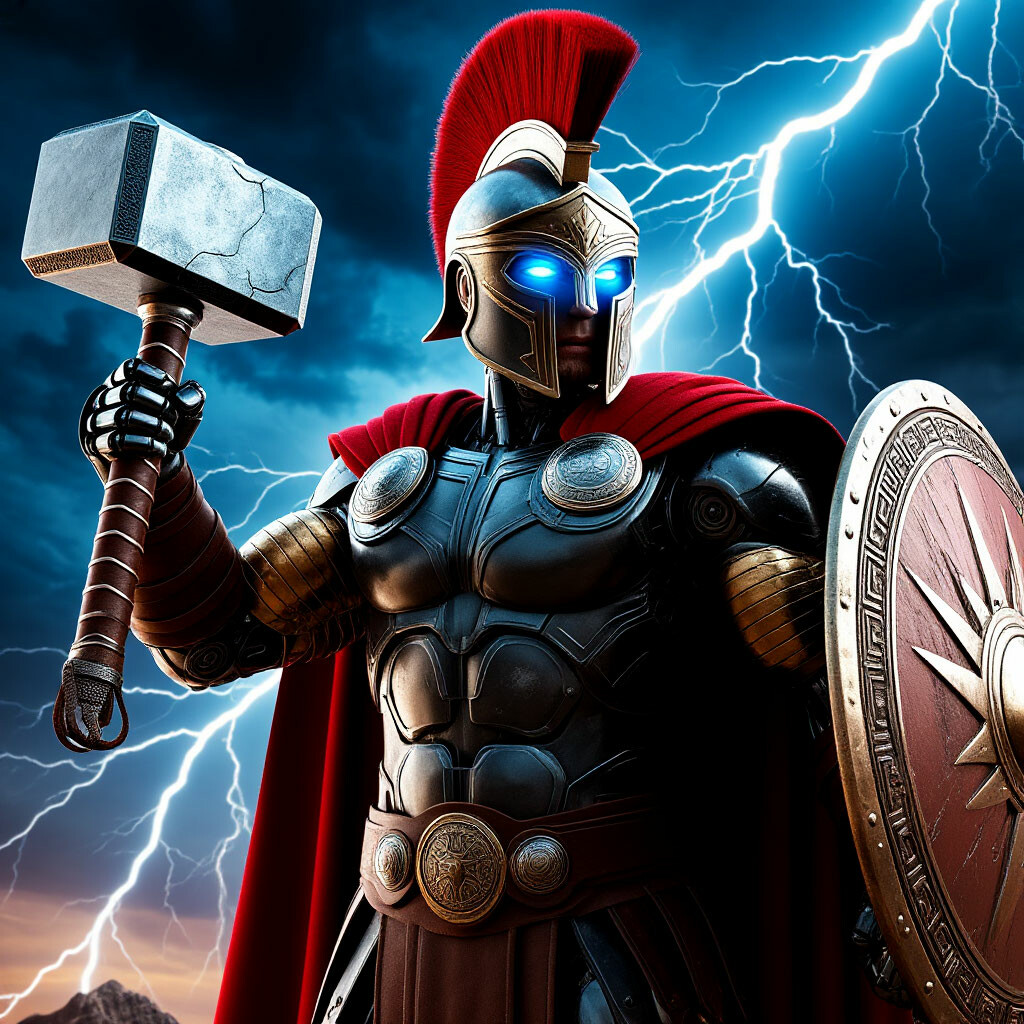 "A robot with a Roman helmet and a Thor's hammer, he has a shield On ...