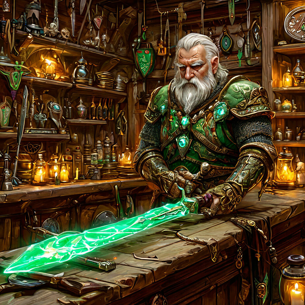 "The merchant's shop has armor, swords, shields, and bows hanging on ...