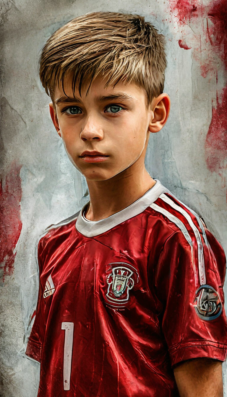 ". A handsome thin Russian boy in a football uniform. Sfumato, light ...
