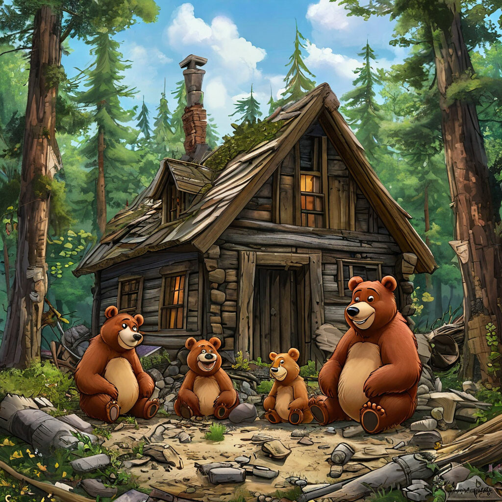 "The house of three bears in the forest. A family of bears are sitting on the…" — image created ...