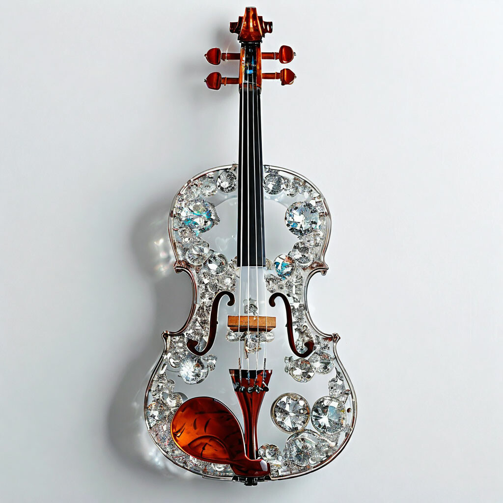"Crystal violin as transparent as glass with diamonds and diamonds on a ...