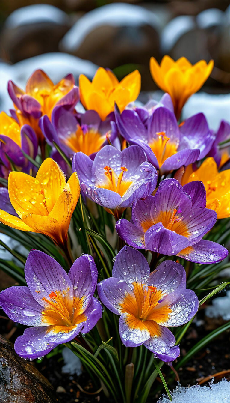 "Large garden crocuses, multicolored, cultivated varieties, in a flower ...