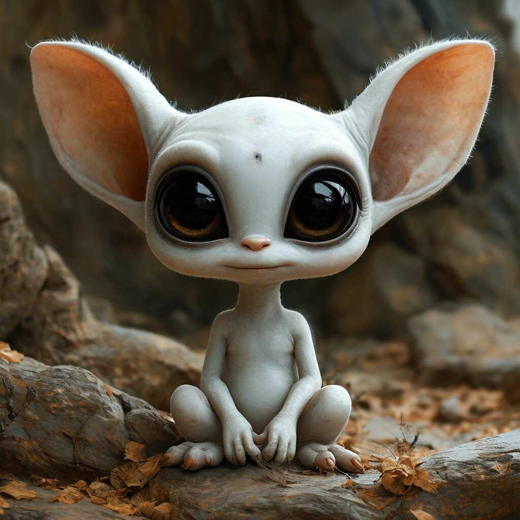 "Cute little alien white creature with big black eyes, big ears ...