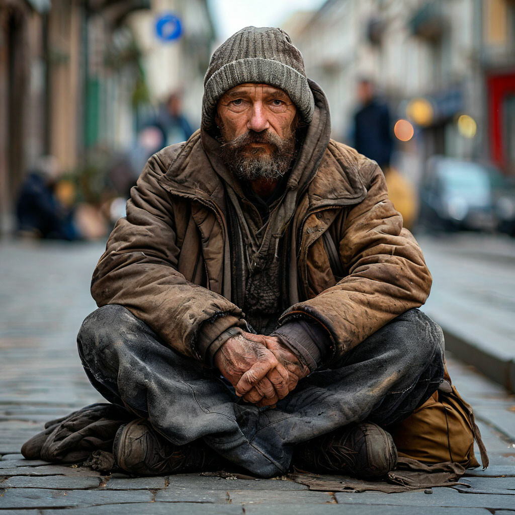 "The homeless man who sits on the street" — image created in Shedevrum