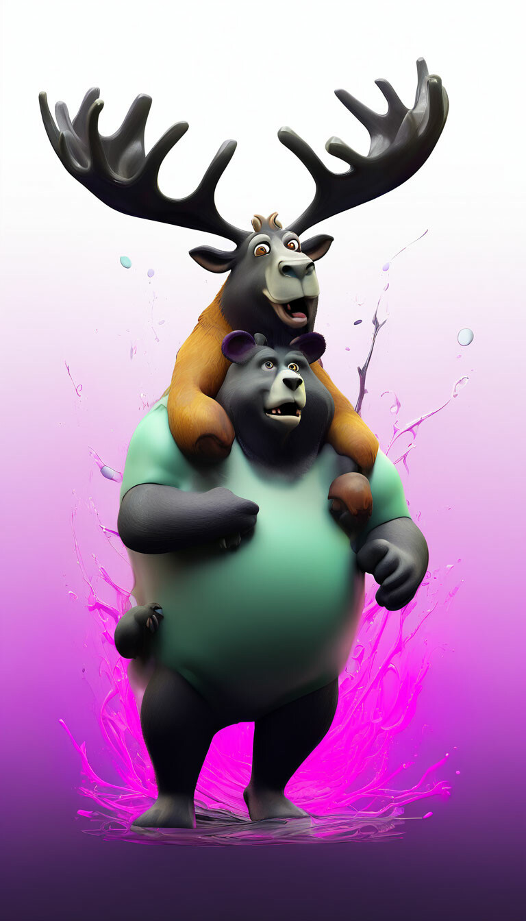 "3D art,bear riding moose,caricature, …" — image created in Shedevrum