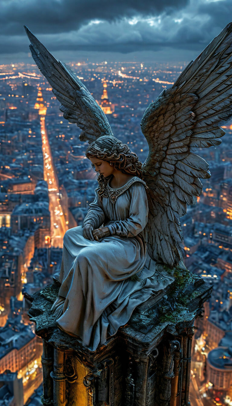"Close-up, Guardian Angel sitting at the spire of a high tower, night ...