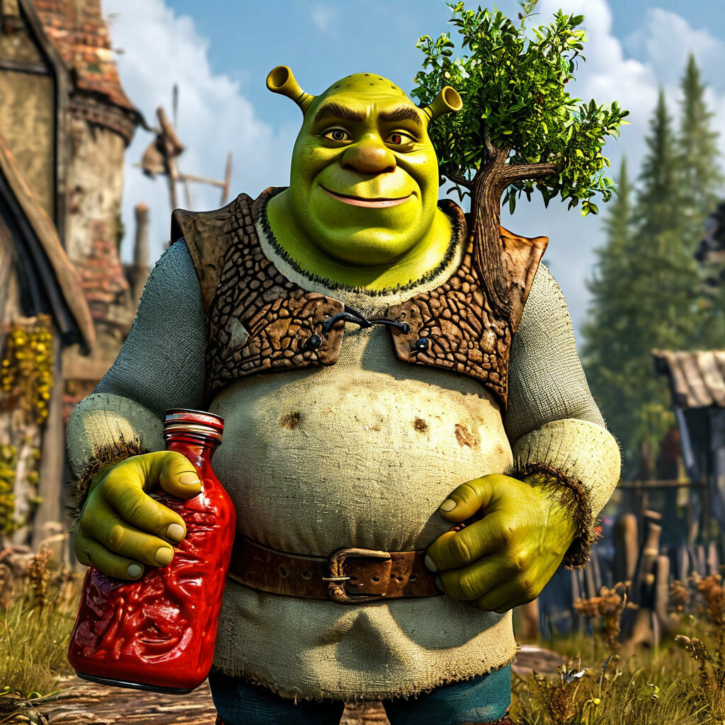 "Shrek has put a tree on his shoulder and is carrying a giant jar of ...