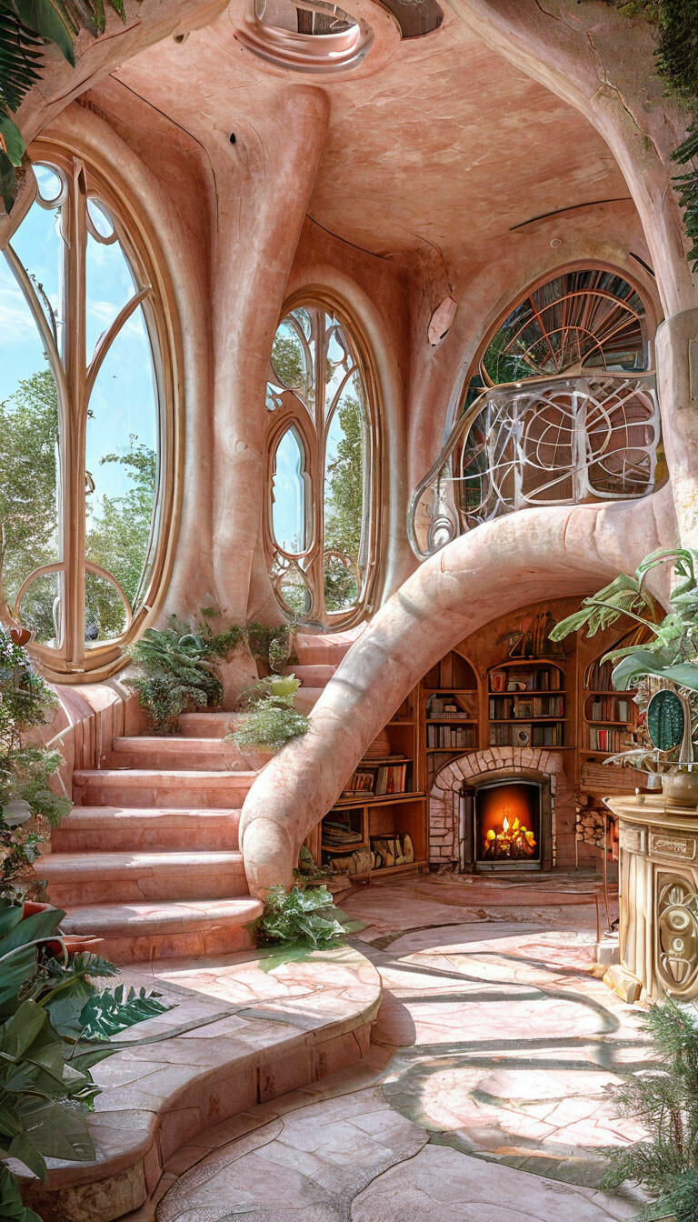 "A wide panorama from inside the house. split-level mint pink clay wavy ...