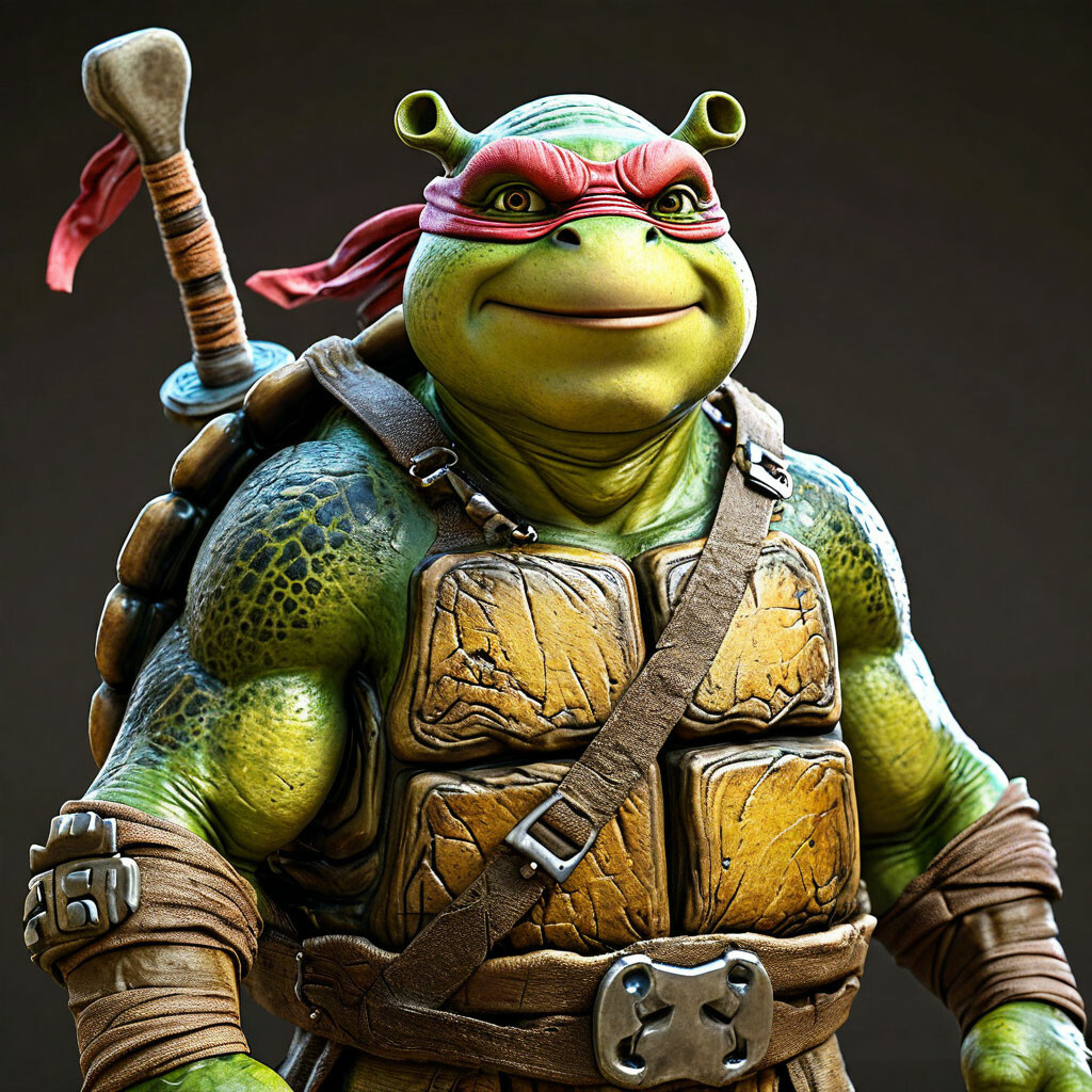 "Shrek the ninja turtle in full growth" — image created in Shedevrum