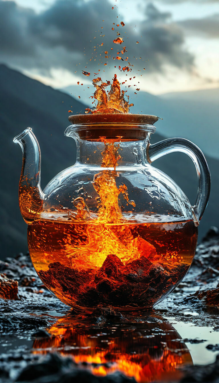 "Volcano inside a large transparent teapot, double exposure" — image ...