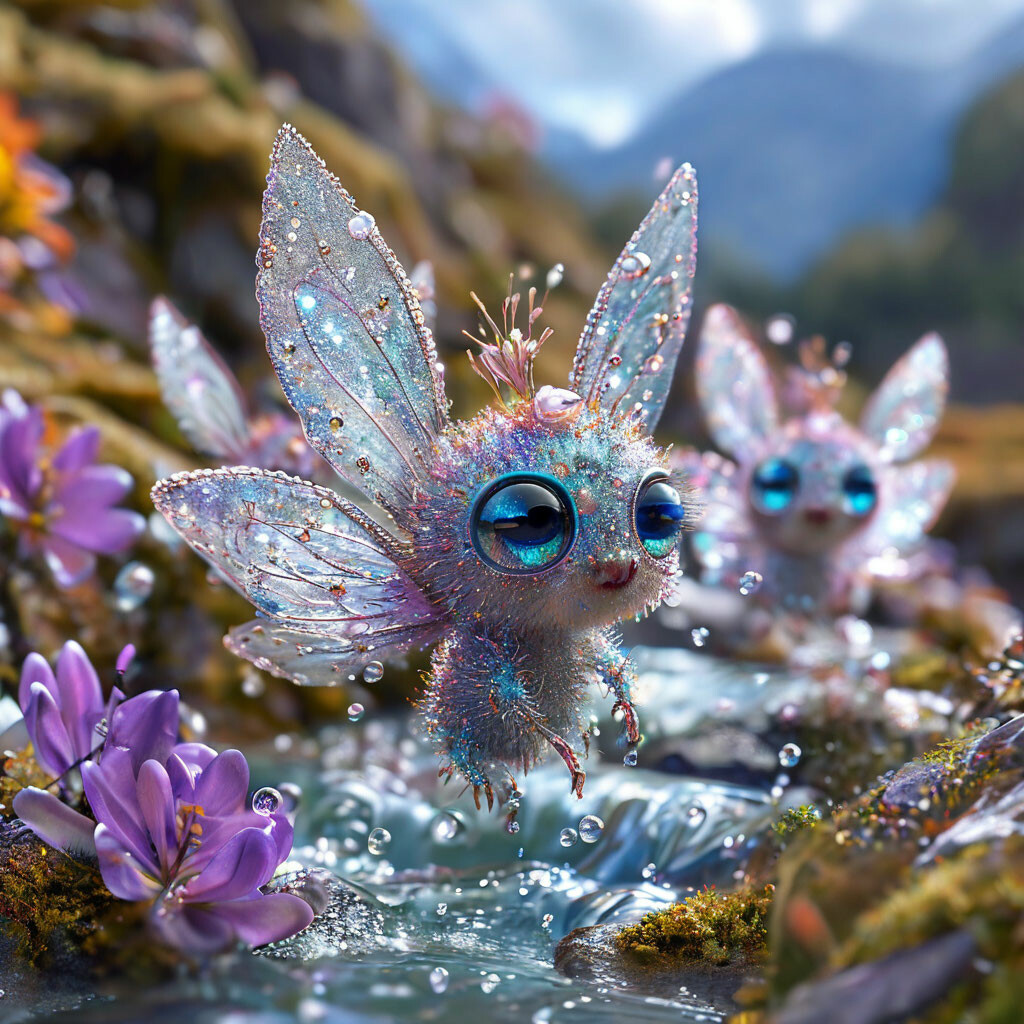"Mar Three flying micro cute creatures made of crocus spores and ...