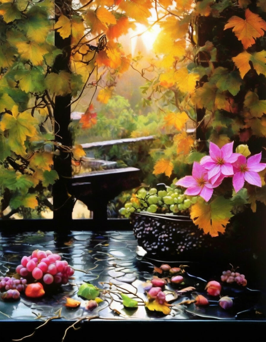 "Terrace in the autumn garden of clematis maiden husk grapes lies ...