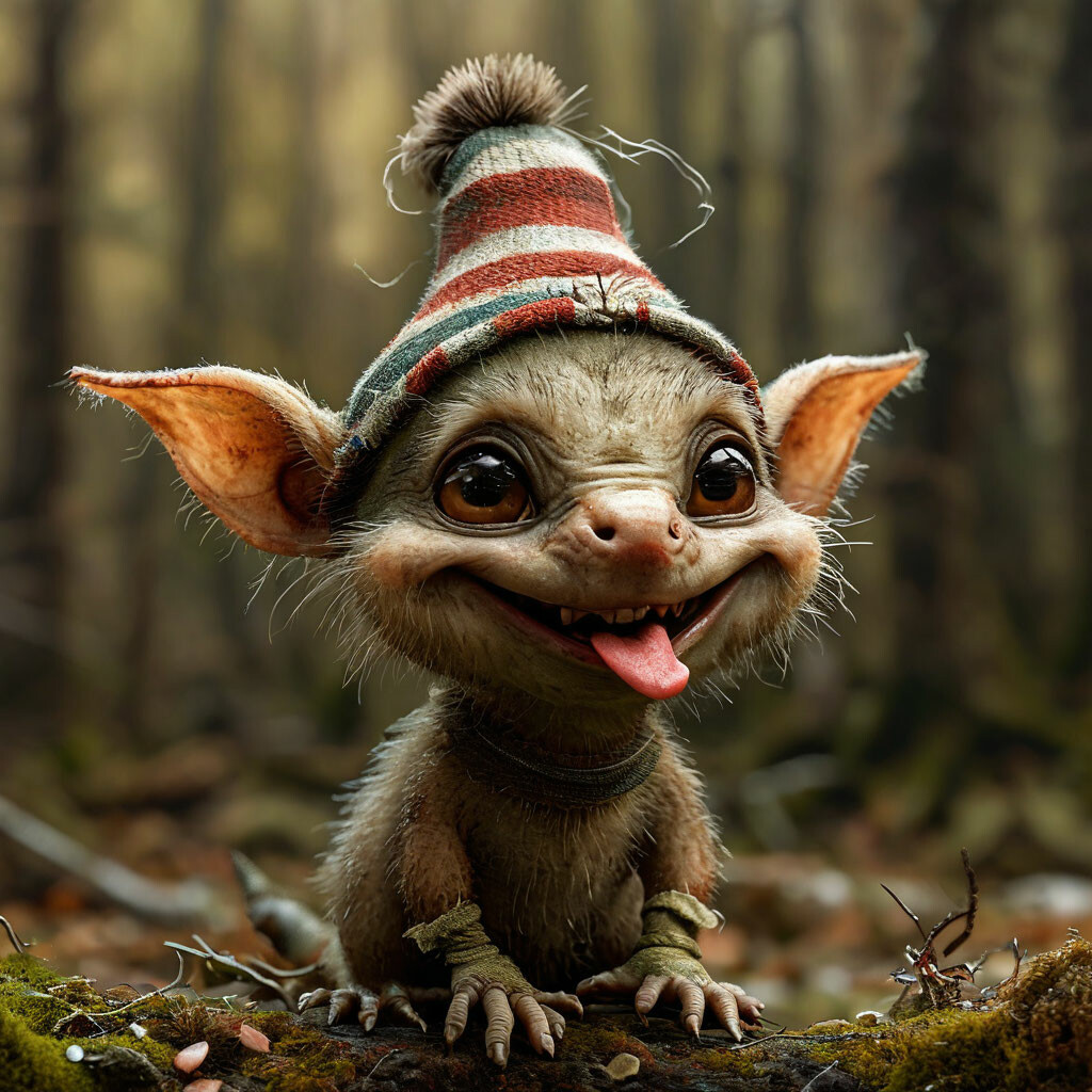 "A small creature with a long nose with a sock on its head shows its ...