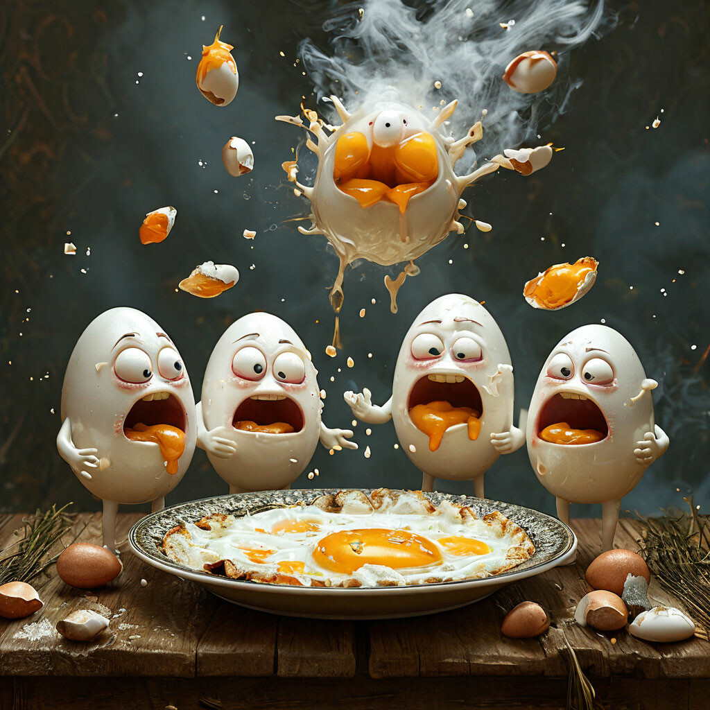 "Five eggs in a shell are standing around a plate of fried eggs and ...