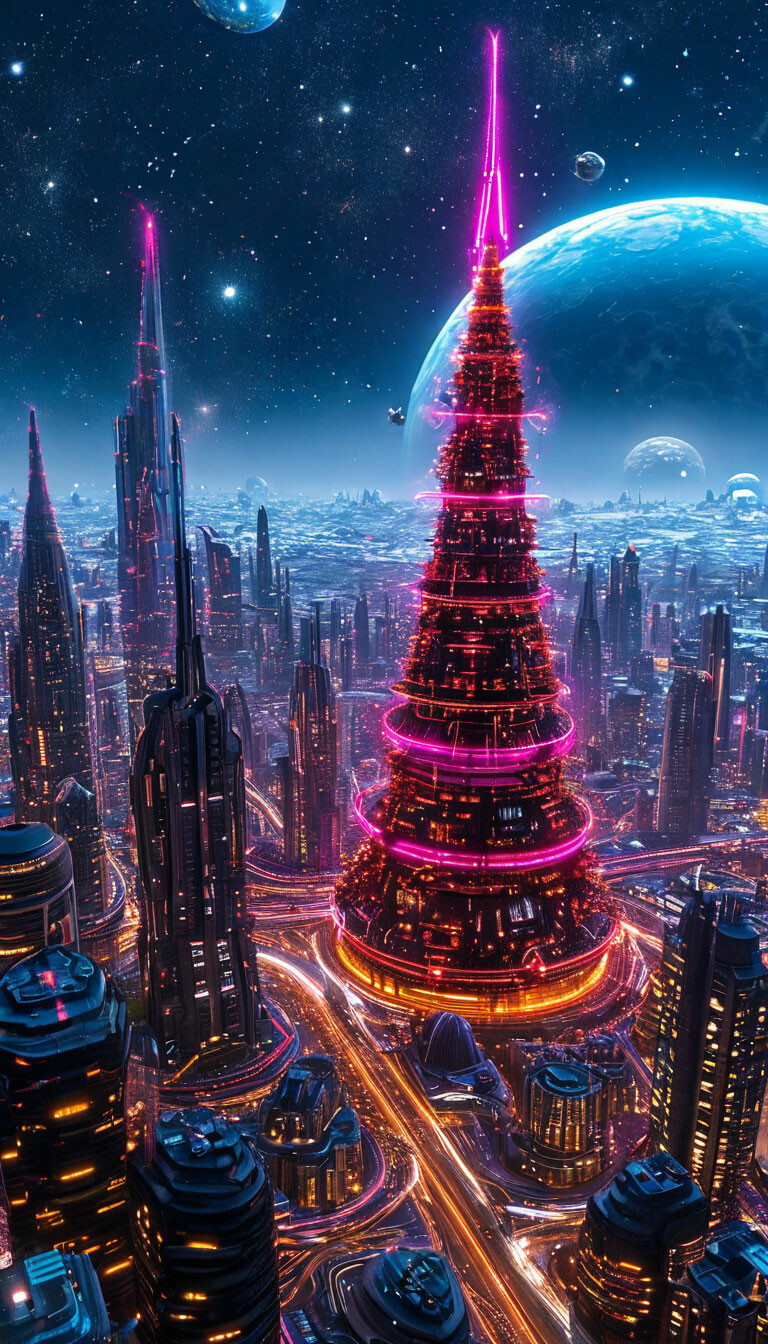 "A huge neon mutant Christmas tree has sprouted into space against the ...