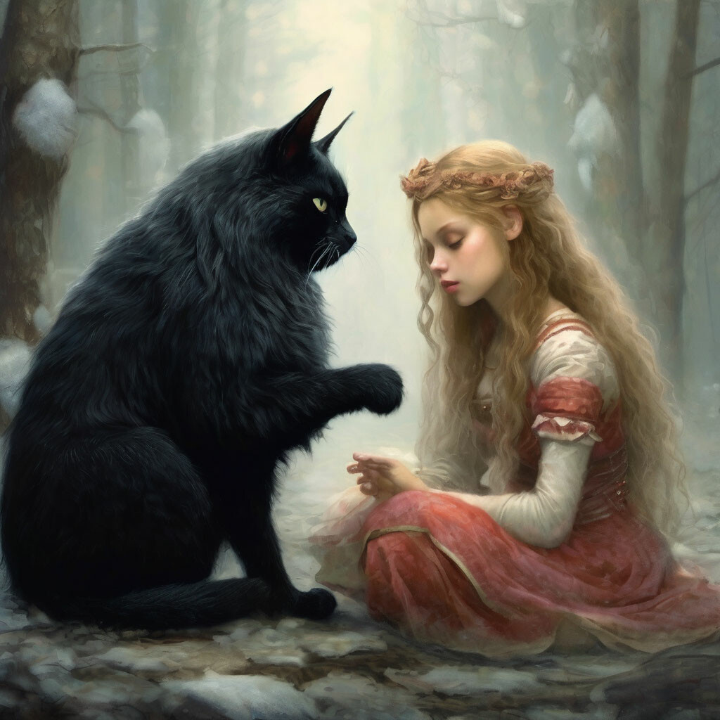 "Bayun the cat treats the wounded princess" — image created in Shedevrum
