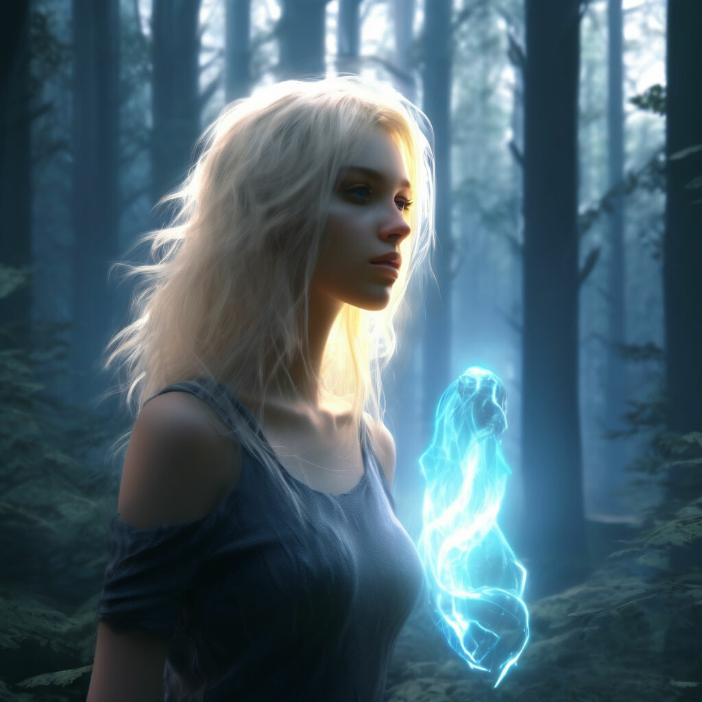 "🌏 Anime, clearly, clear graphics, very beautiful blond woman, forest ...