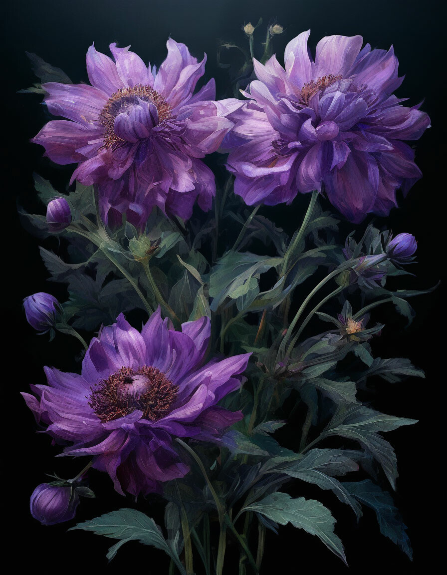 "Dark botanical illustration, purple flowers, close-up, dim lighting ...