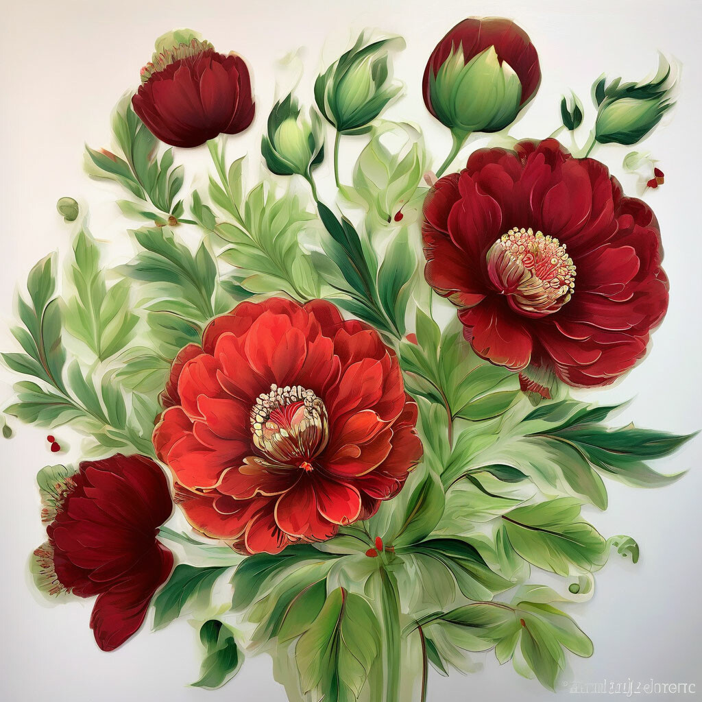 "💮 glow from the inside, khokhloma + light green and green, red and burgundy large flowers ...