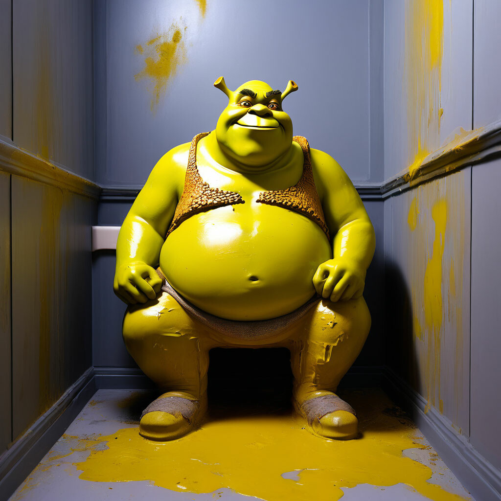 "A huge fat scary shrek spilled a lot of brown paint in the toilet ...
