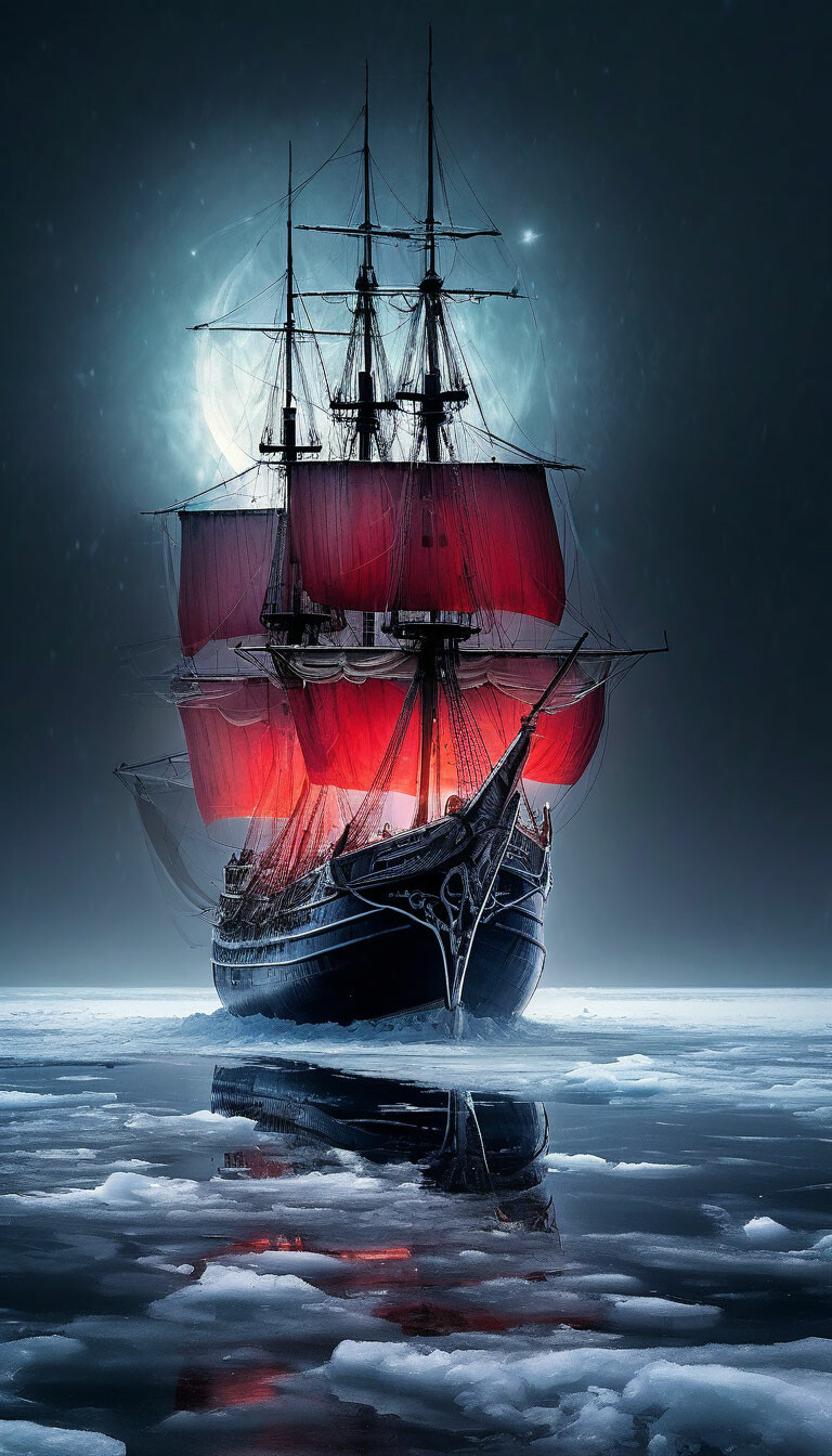 professional photo.A Baroque ship frozen in ice.frost.a beautiful sail ...