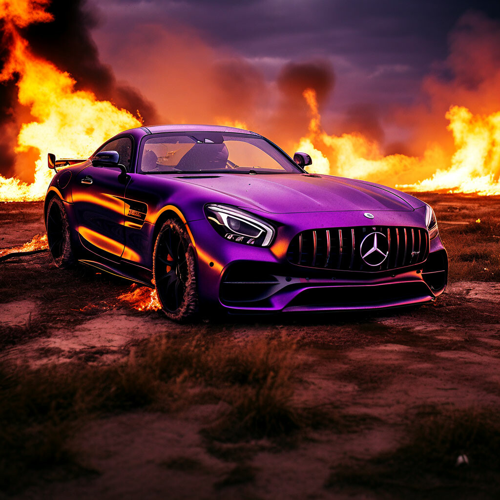 "Violet Mercedes AMG is on fire in the field" — image created in Shedevrum