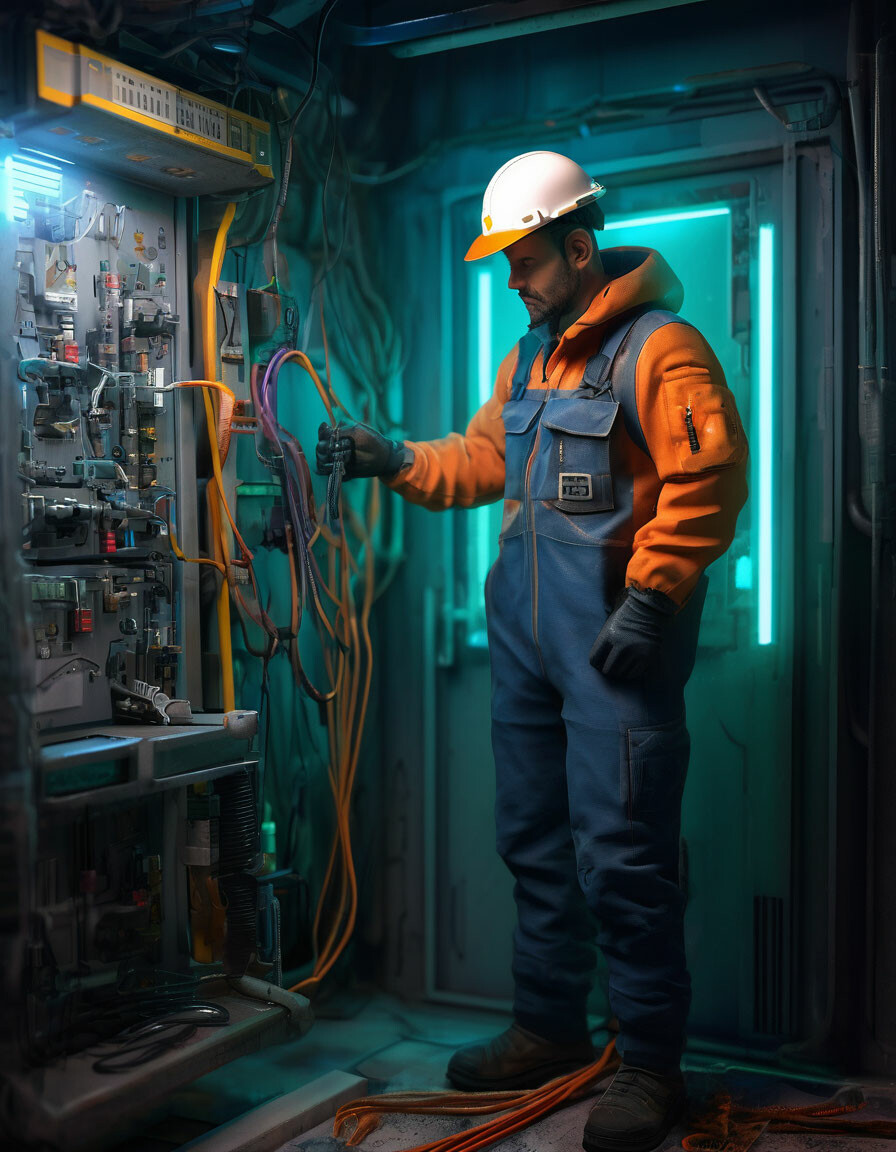 "An electrician in overalls and a …" — image created in Shedevrum