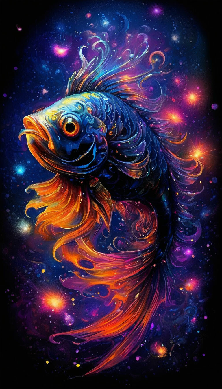"Black fish with lush long tails,fireflies,haze, bright, magical ...