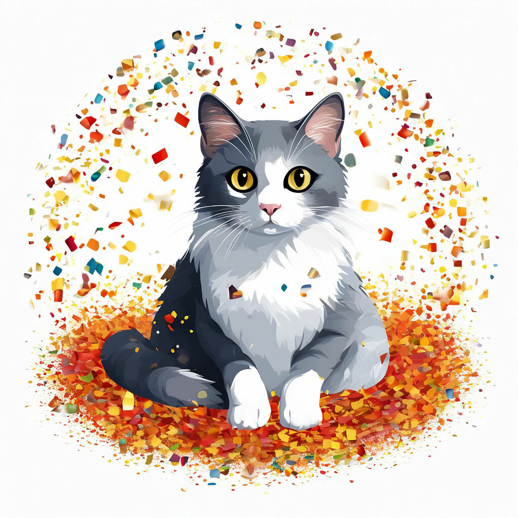 "Cat, confetti, vector graphics" — image created in Shedevrum