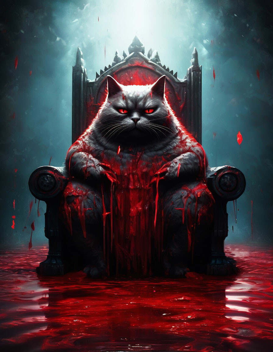 "Horror fat cat whose throne is covered with knife blades, red splashes ...