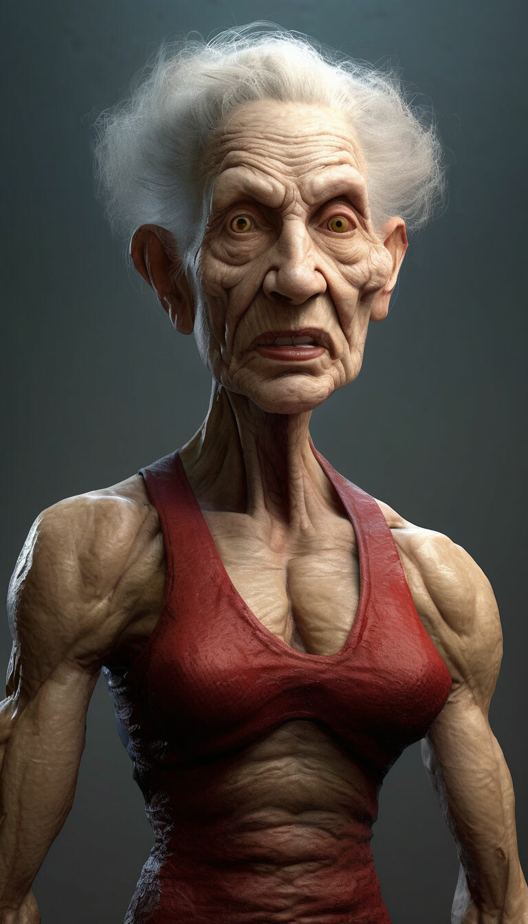 "A very old, creepy, anthropomorphic female bodybuilder with a lot of ...