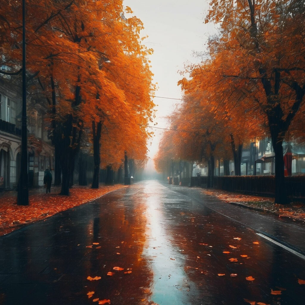 "Autumn rain street calm tranquility cloudy" — image created in Shedevrum