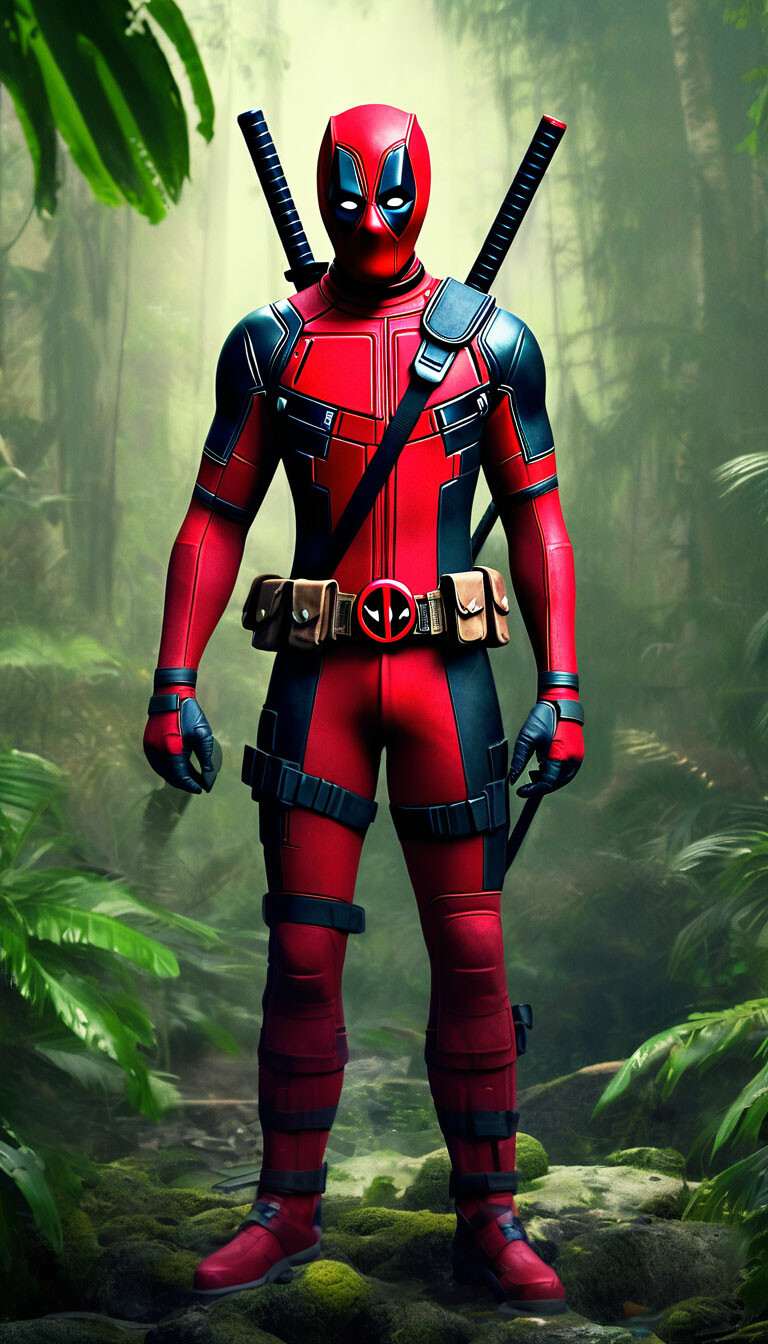 "Deadpool with a katana in his hands in combat Rosena jungle background ...