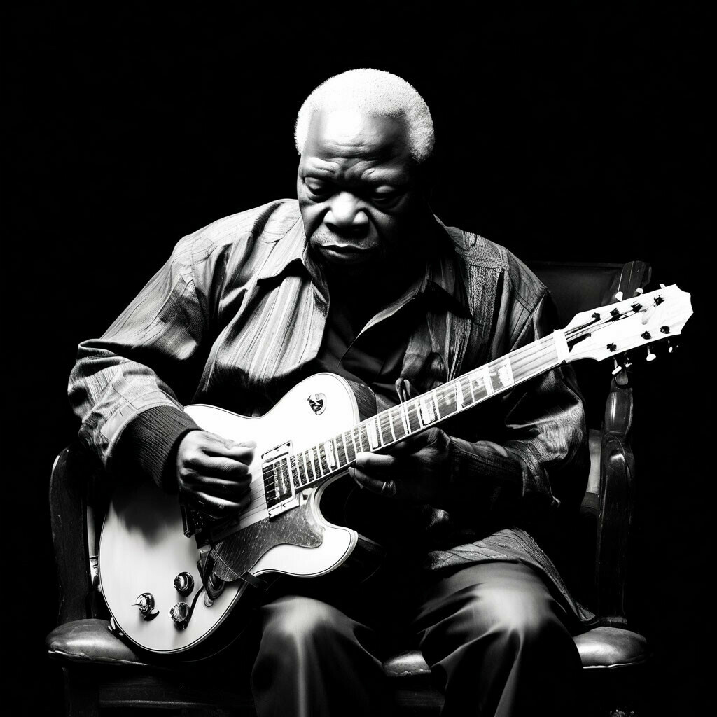 "Bibi King with guitar, black and white image. With a pencil ...