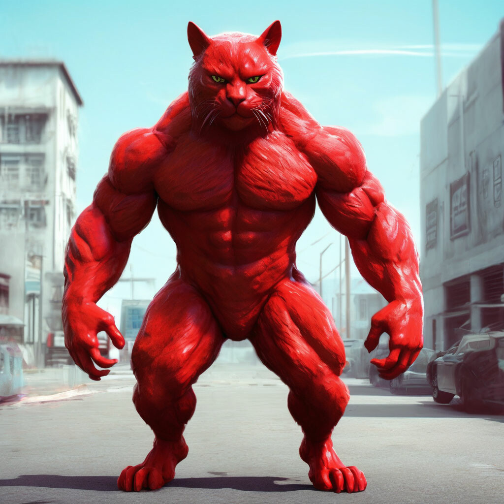 "A very strong humanoid red cat with …" — image created in Shedevrum