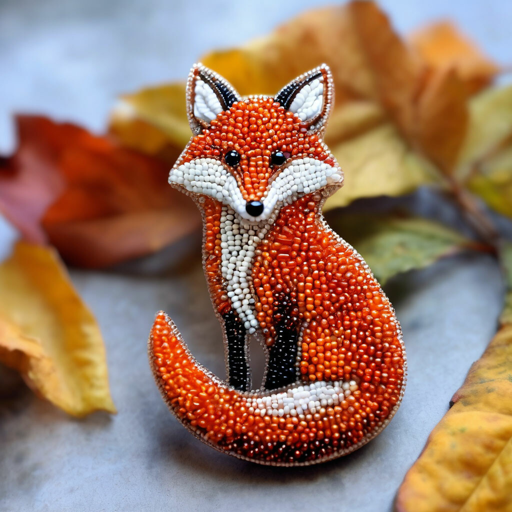 "Fox bead brooch in autumn leaves, …" — image created in Shedevrum