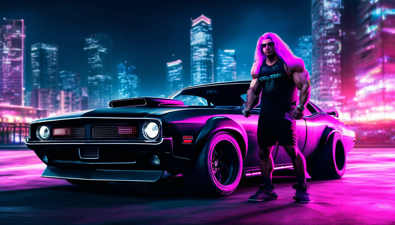 "A bodybuilder with long purple hair …" — image created in Shedevrum