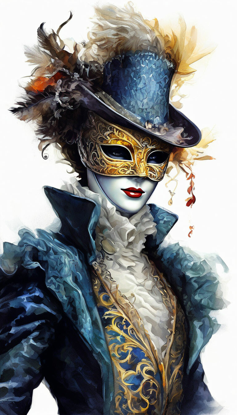 "Engraving masquerade, watercolor+…" — image created in Shedevrum