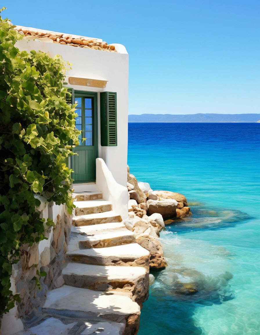 "A small Greek house at the edge of …" — image created in Shedevrum