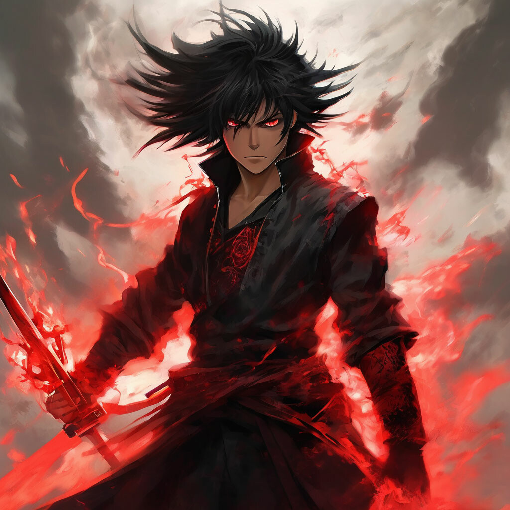 "Anime swordsman with a red aura" — image created in Shedevrum