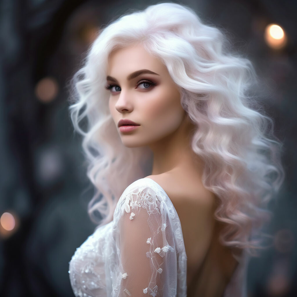 "An unreal beautiful girl with snow-white wavy hair with light pink ...