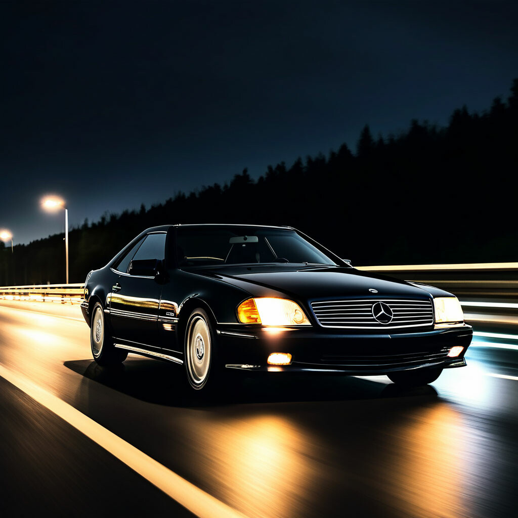 "Mercedes Benz r129 black color rides on the m5 road at night ...